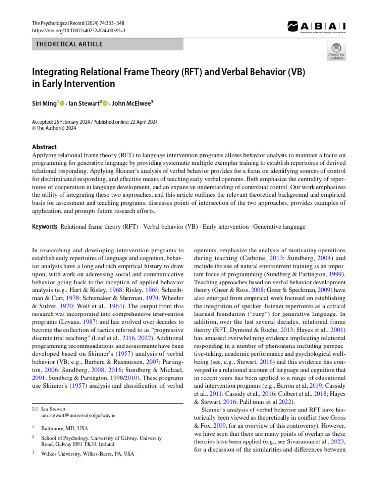 Integrating Relational Frame Theory (RFT) and Verbal Behavior (VB) in Early Intervention | PDF ...