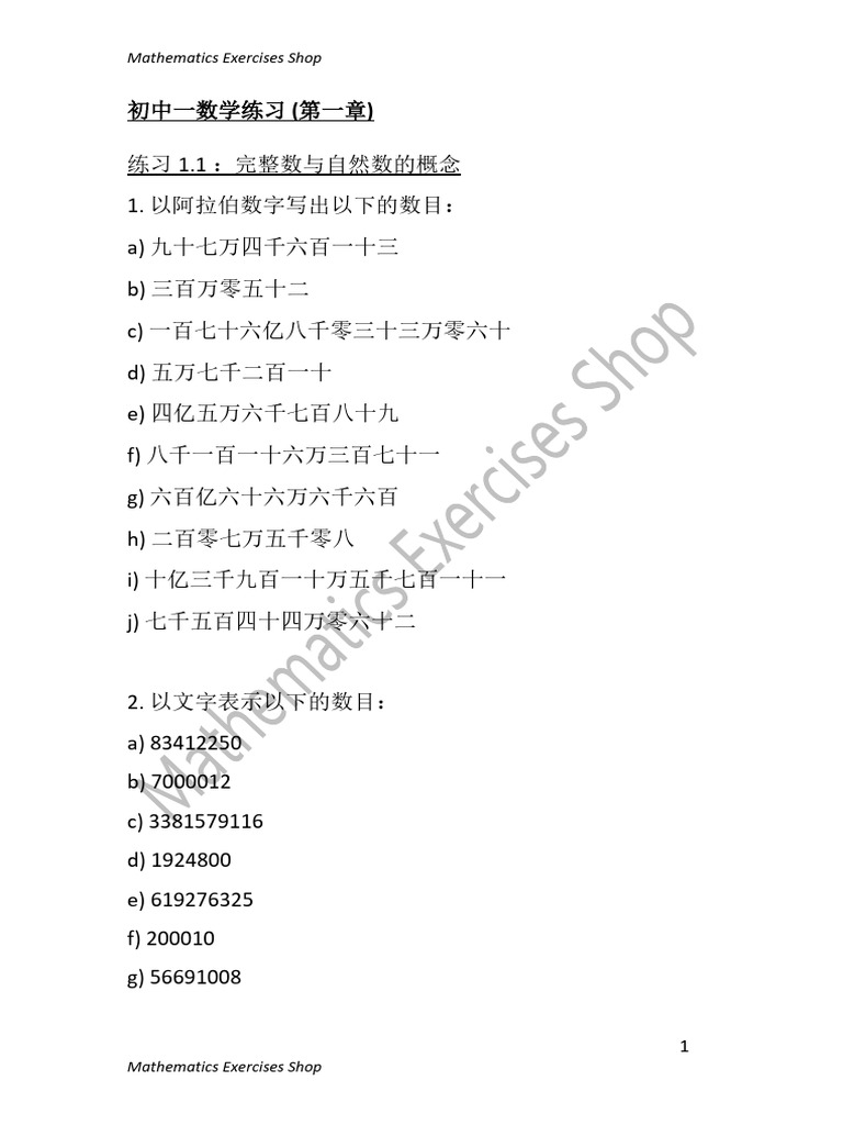 Junior Year 1 Chapter 1 Exercises | PDF