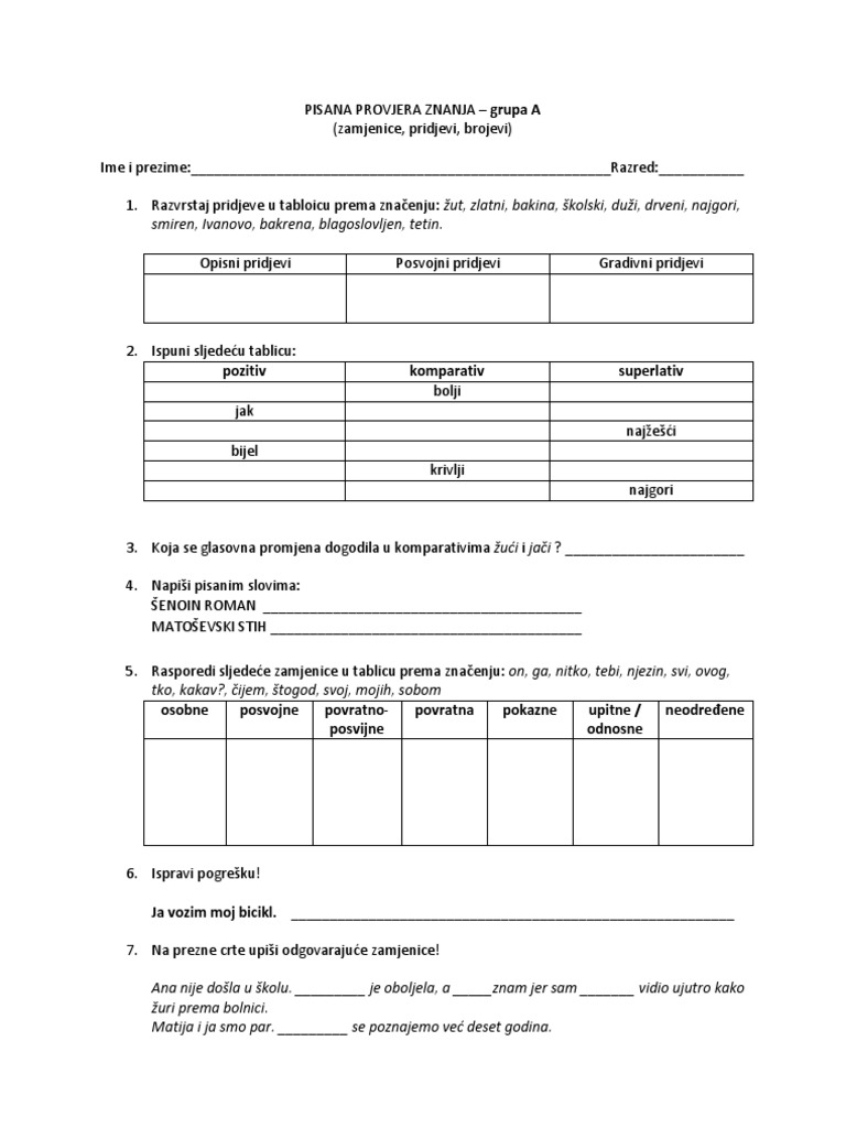 PISANA PROVJERA ZNANJA-Zamjenice, Brojevi, Pridjevi - 2.f, CV | PDF