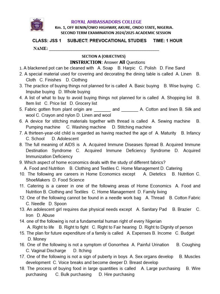 2025 Second Term JSS1 PVS EXAM | PDF | Textiles | Plants