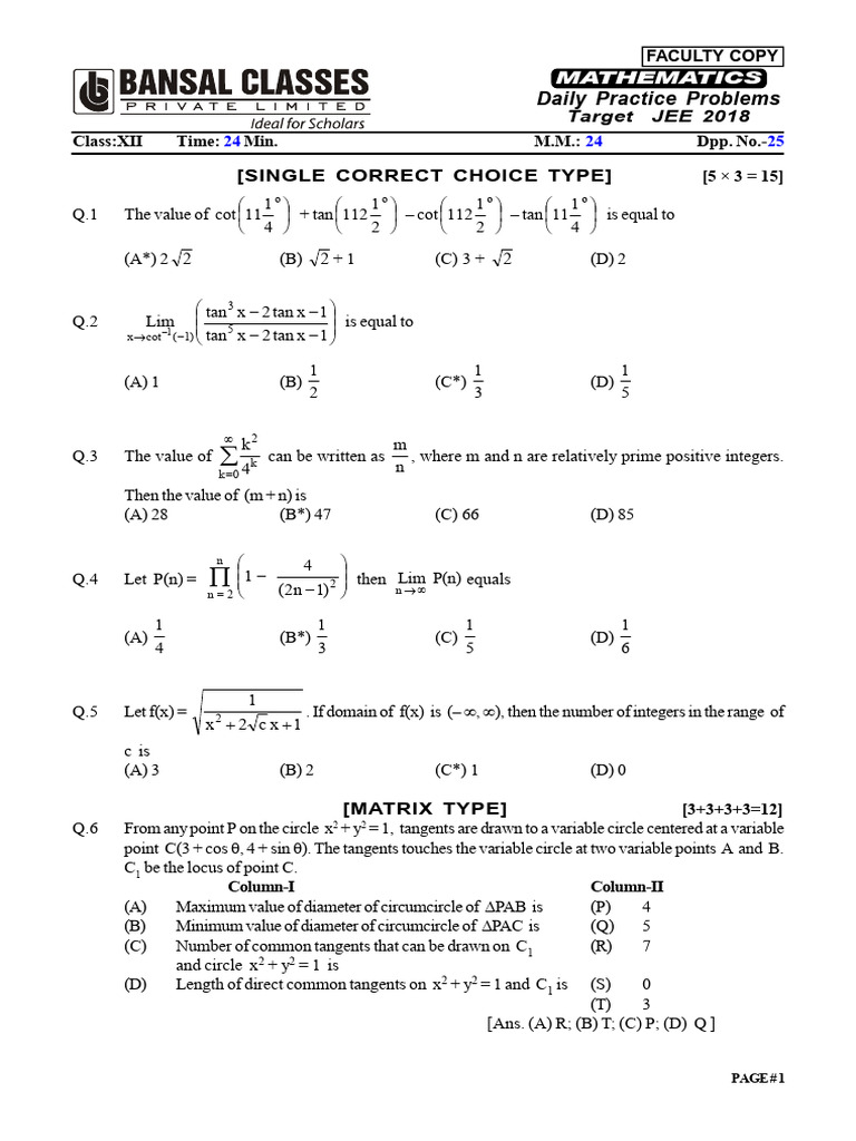 DPP (25-28) 12th Maths A - 2017 - Ans | PDF | Circle | Polynomial