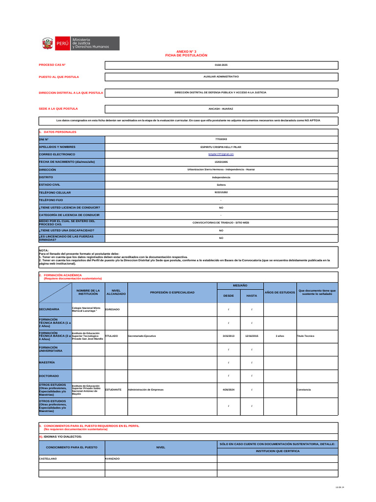 Ficha de Postulación Auxiliar Administrativo | PDF | Parentesco