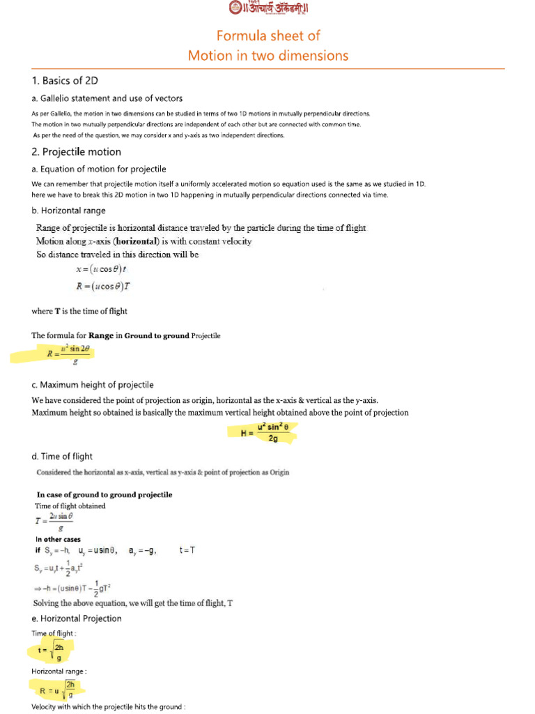Motion 2 D Formula Sheet | PDF