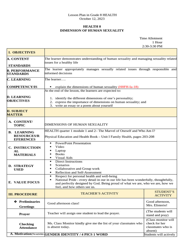 Lesson Plan in Grade 8 HEALTH | PDF | Emotions | Mind