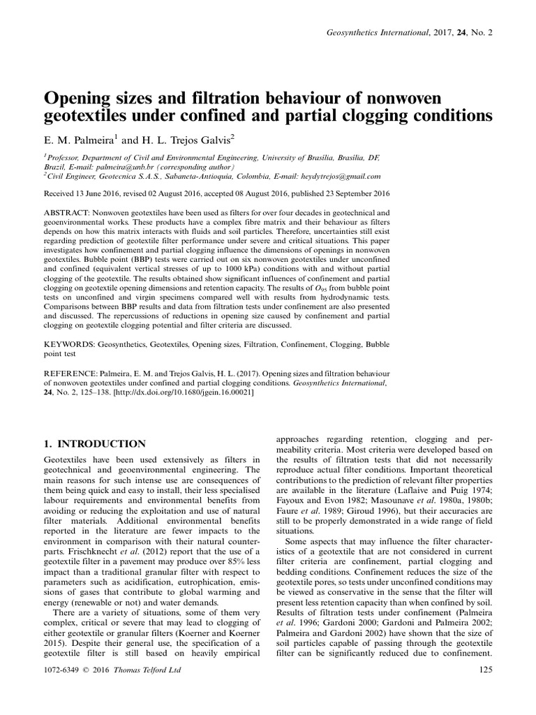 Nonwoven Geotextiles: Filtration & Clogging Effects | PDF | Filtration ...