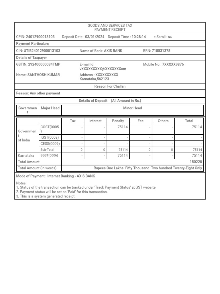 GST Payment Receipt for Santhosh Kumar | PDF