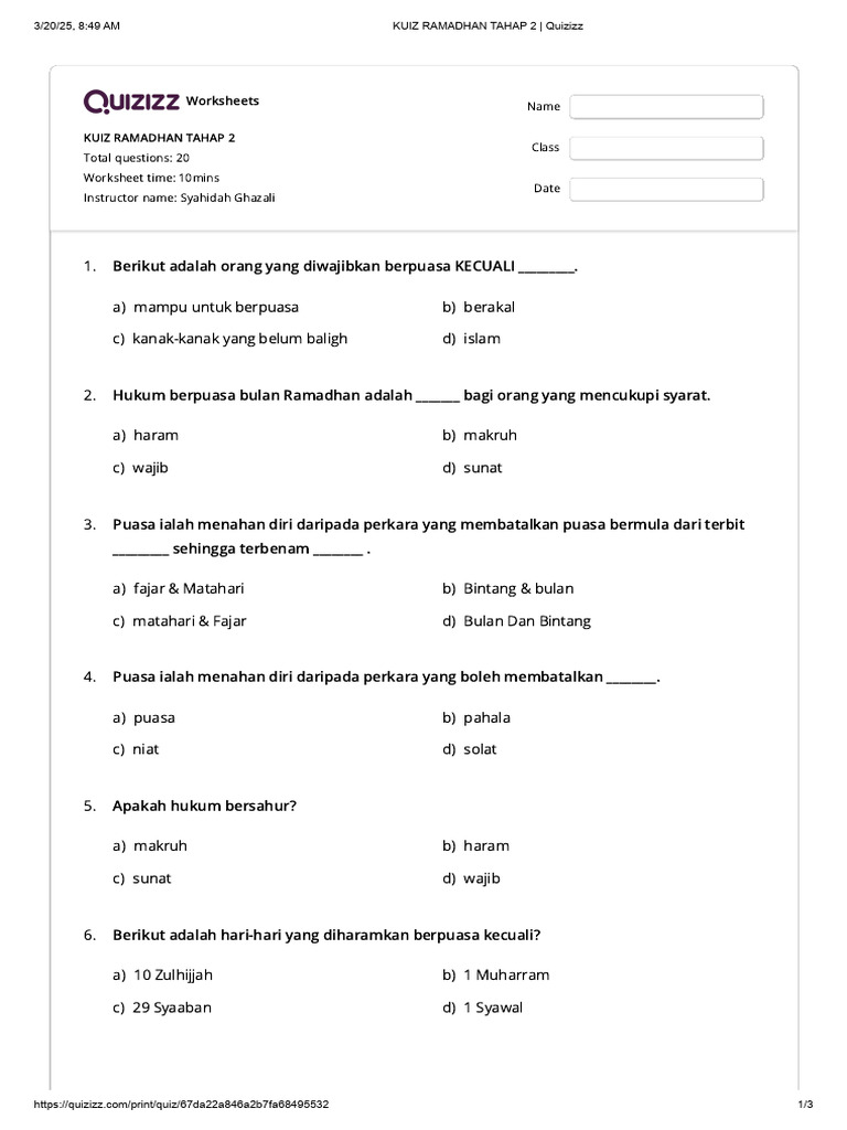 Kuiz Ramadhan Tahap 2 - Quizizz | PDF