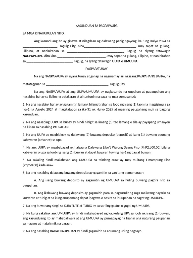 KASUNDUAN SA PAGPAPAUPA Blank | PDF