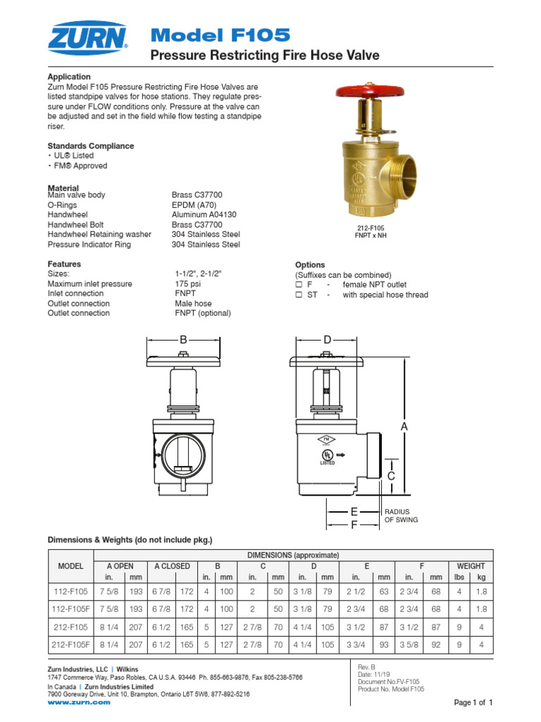 Zurn Pressure Restricting Fire Hose Valve | PDF | Valve