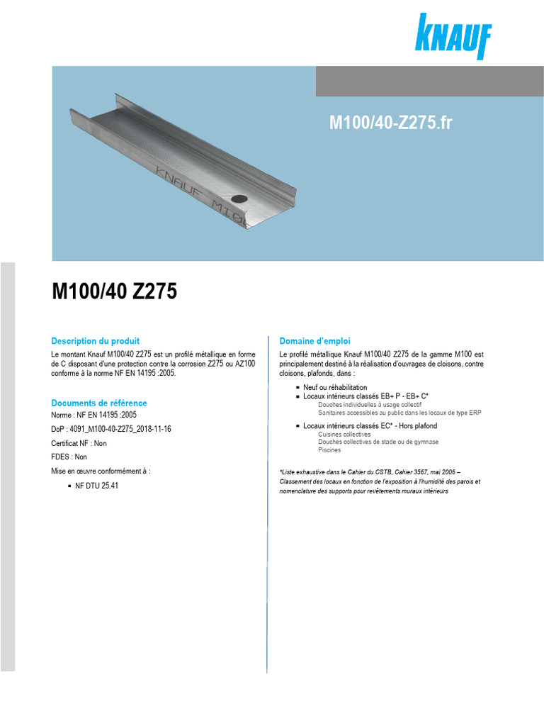 Montant métallique Knauf M100/40 Z275 | PDF