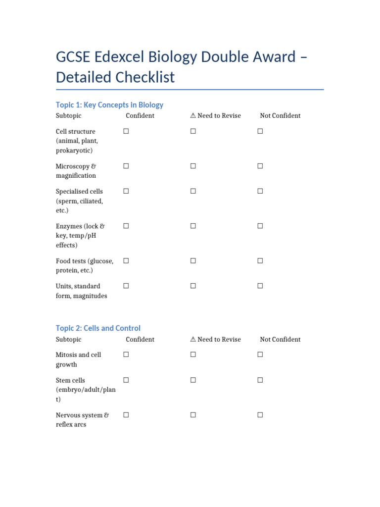 GCSE Biology Edexcel Revision Checklist | PDF | Biology | Cell (Biology)