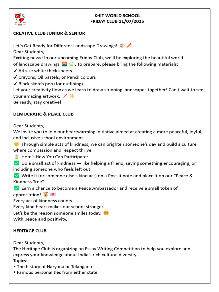 K-IIT World School Club Activities July 2025 | PDF | Chutney