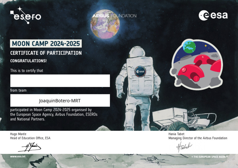 Moon Camp 2024-2025 - Participant Certificate - Joaquin Botero | PDF