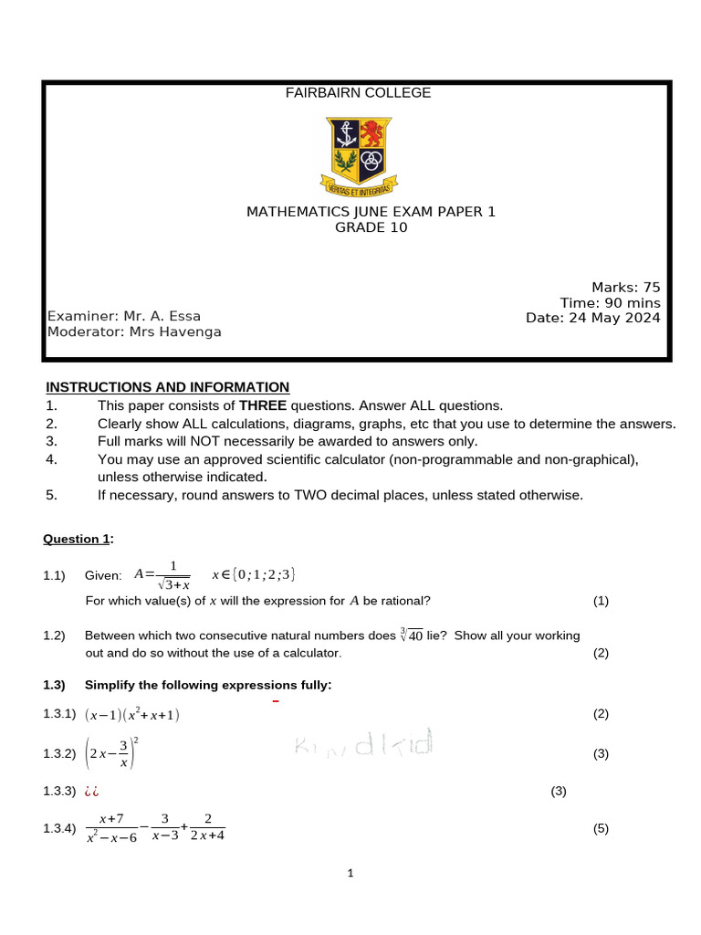 Gr10 T2 Exam Paper 1 QP Final | PDF | Mathematical Objects ...