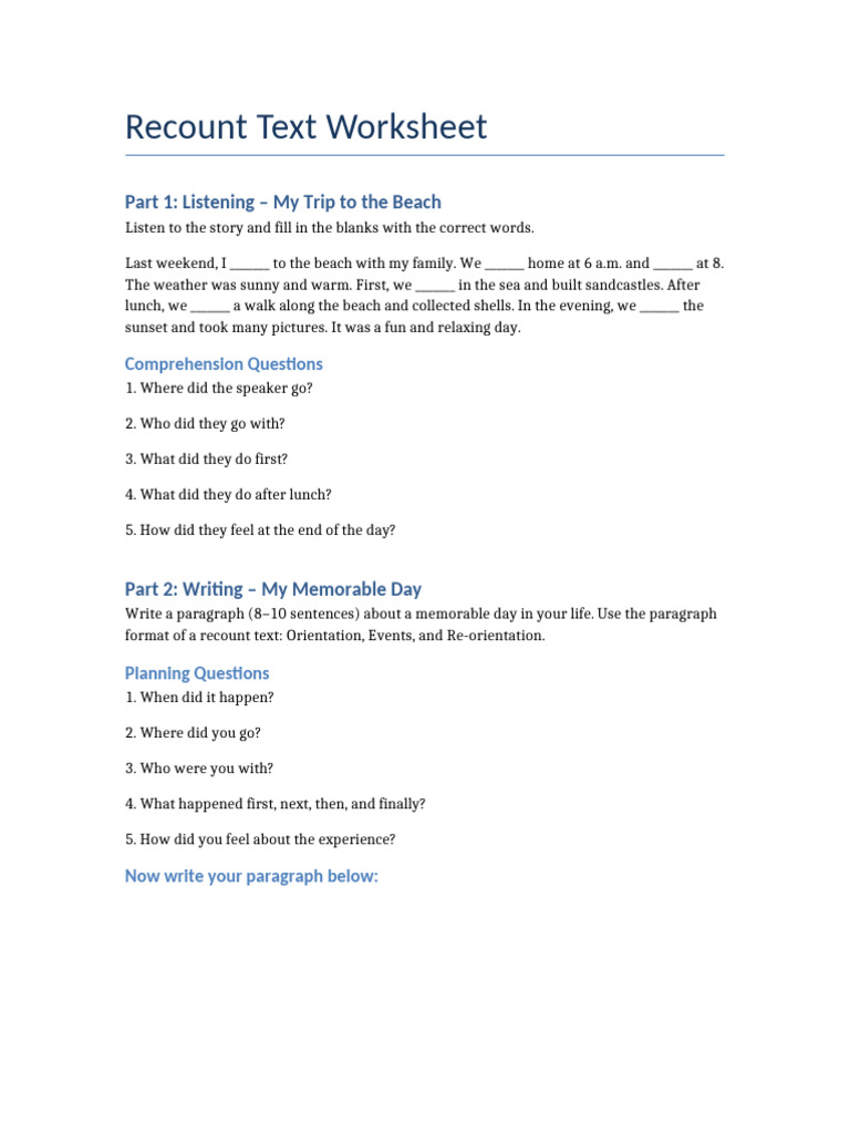 Beach Trip Recount Worksheet | PDF