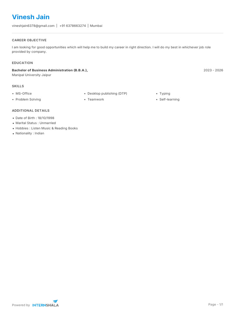 VineshJain InternshalaResume | PDF