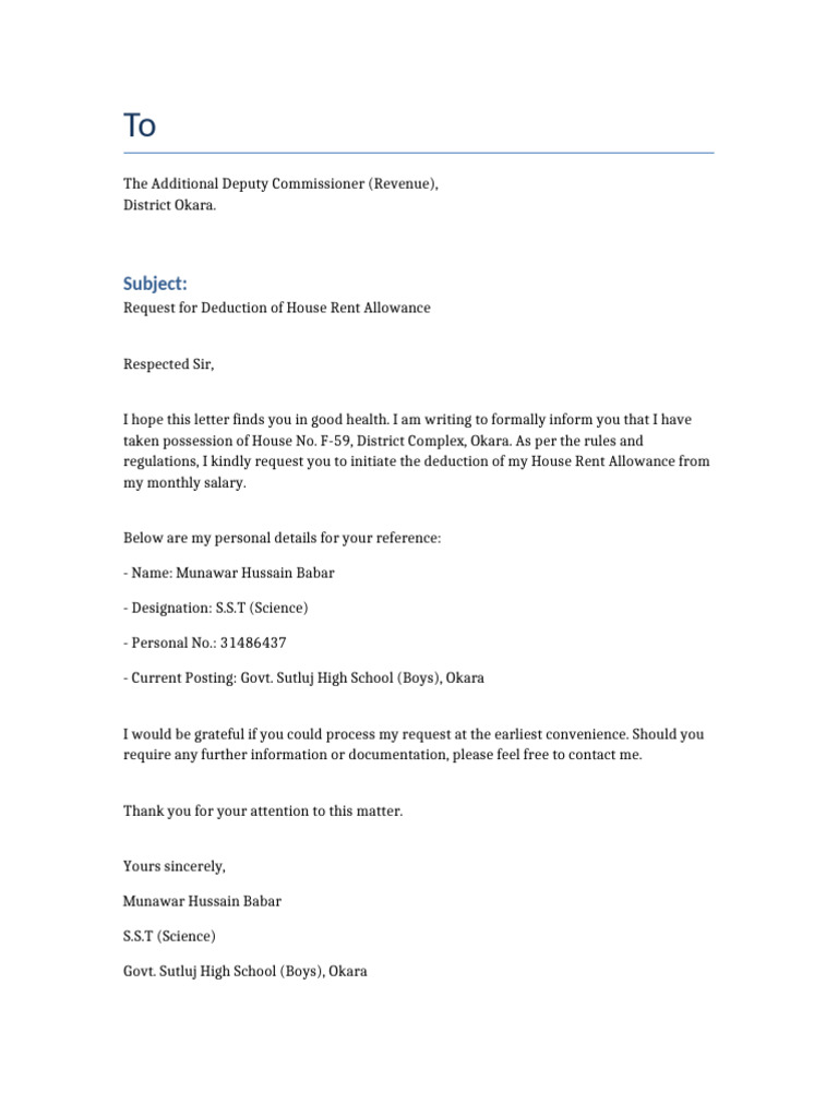 House Rent Allowance Deduction Request | PDF