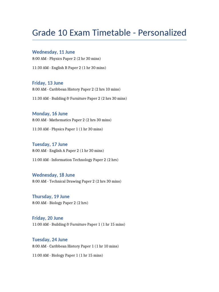 Grade 10 Exam Timetable | PDF