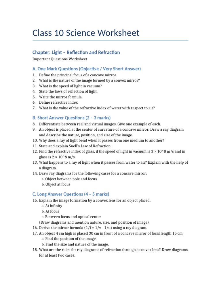 Class 10 Light Reflection & Refraction Worksheet | PDF