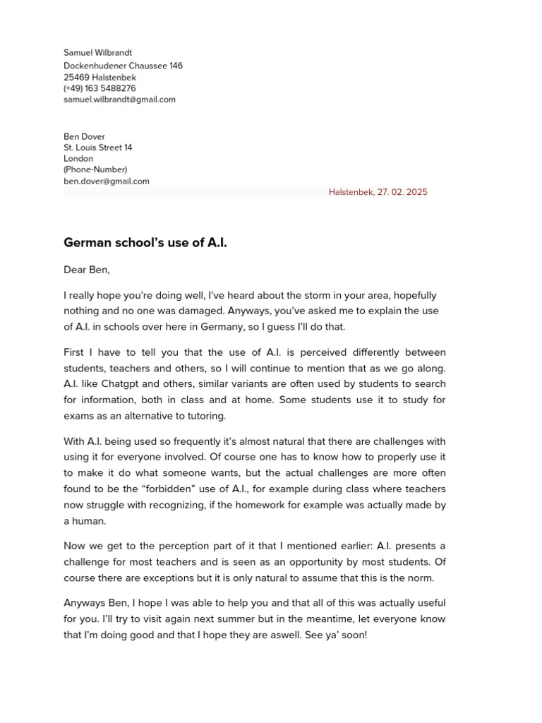 Letter To Ben | PDF