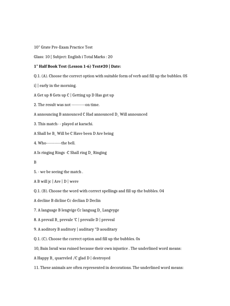 10th Grade English Pre-Exam Test | PDF
