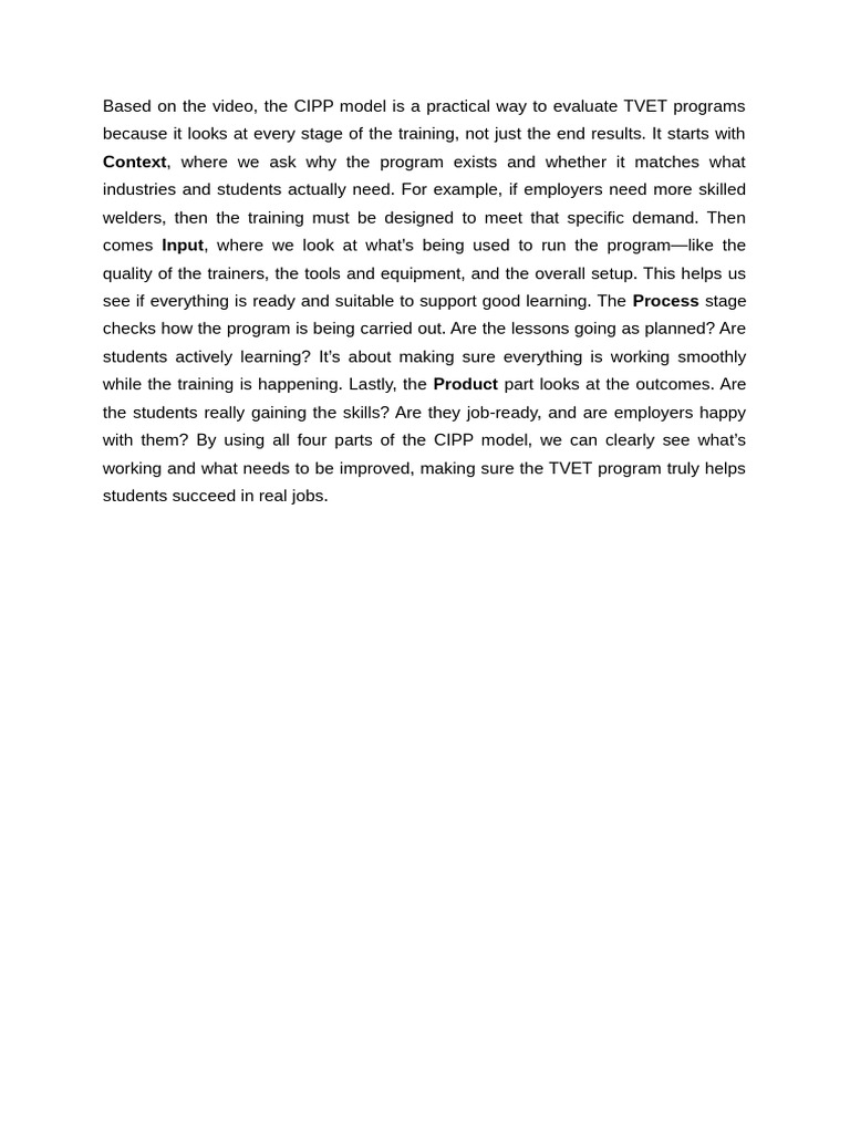 How CIPP Model Can Be Used in Evualting TVET Program | PDF