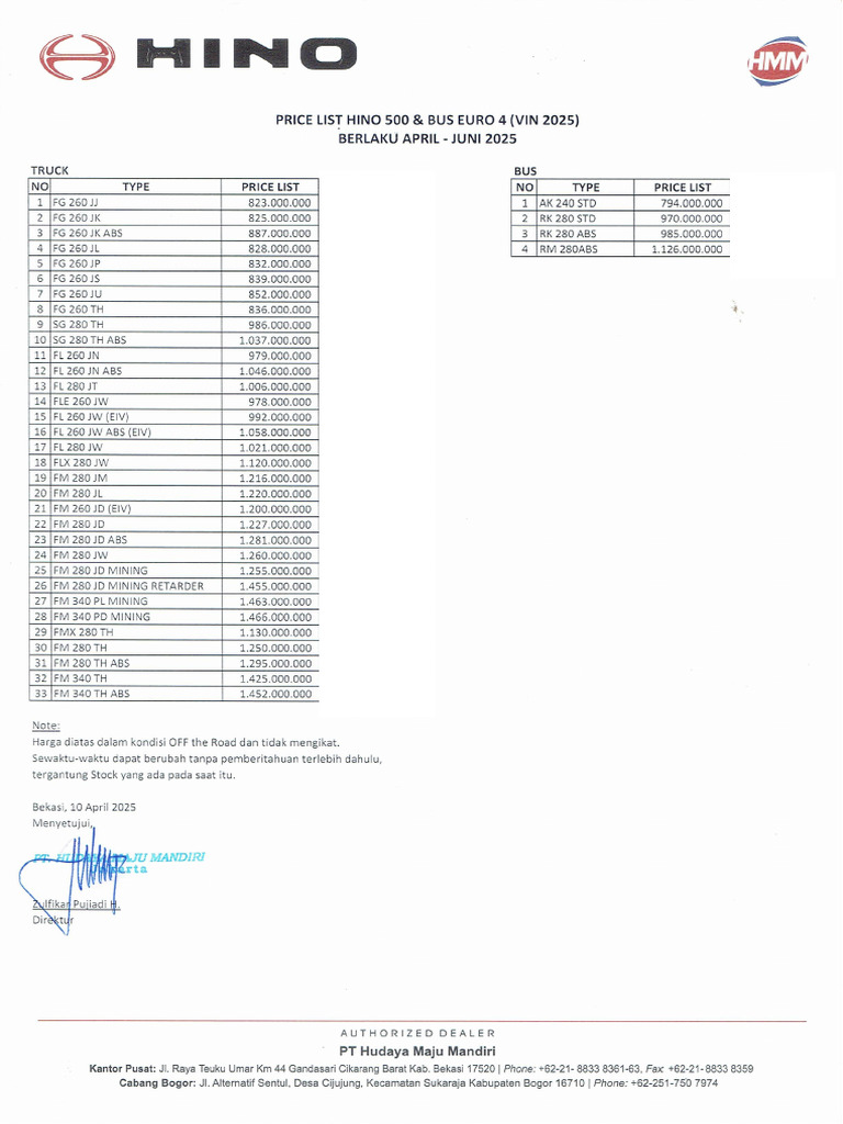 Price List Hino 500 & Bus Euro 4 (Vin 2025) April - Juni 2025 | PDF