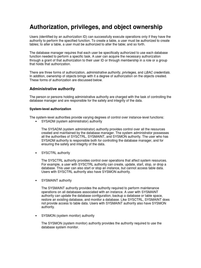 Authorization, Privileges, and Object Ownership: Administrative Authority | PDF | Database ...
