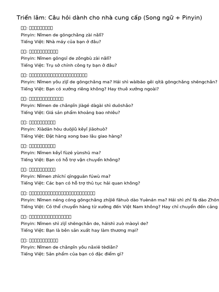 Cau Hoi Hoi Cho Trien Lam SongNgu Pinyin | PDF