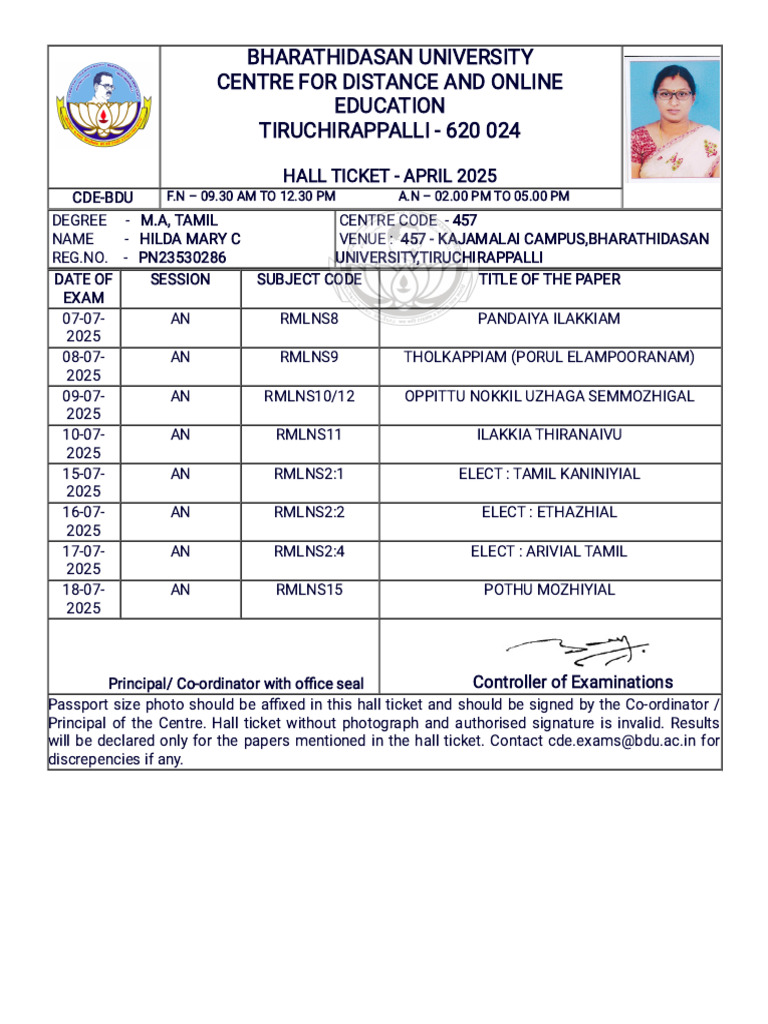 BDU Distance Education Hall Ticket 2025 | PDF
