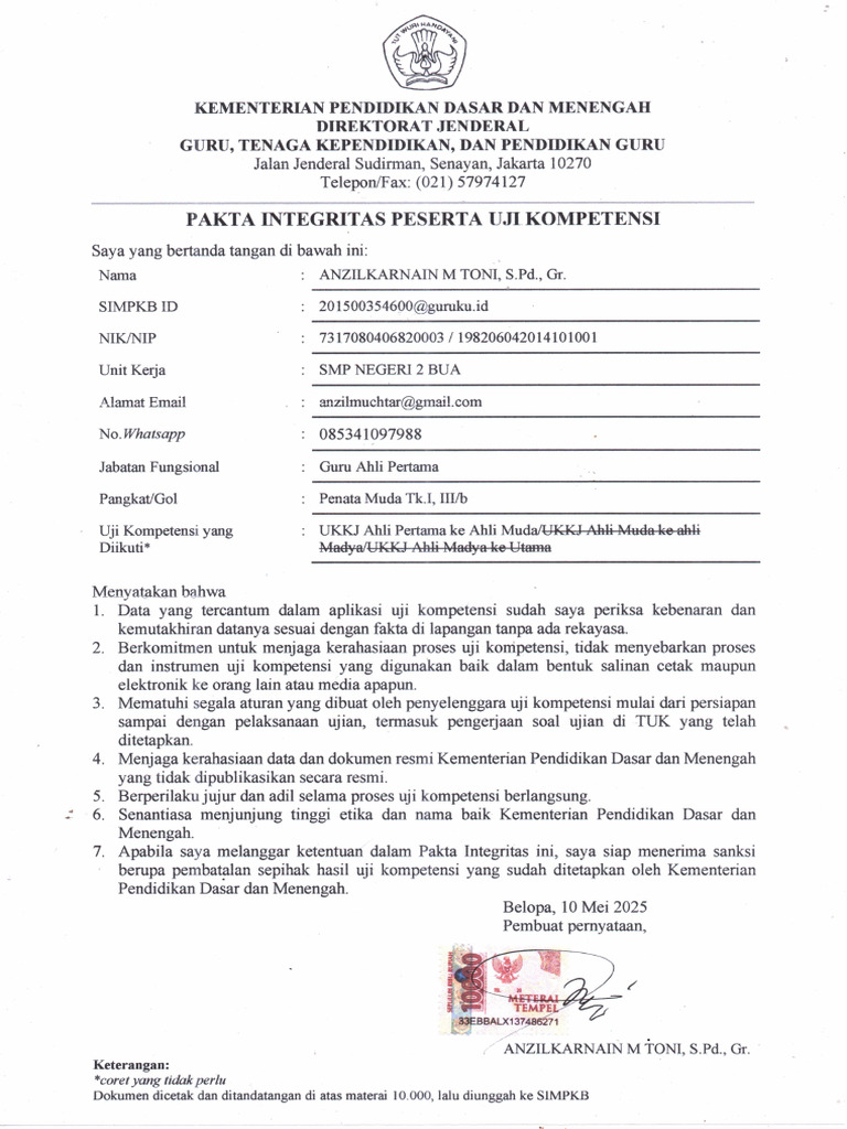 Pakta Integritas Uji Kompetensi 2025 | PDF