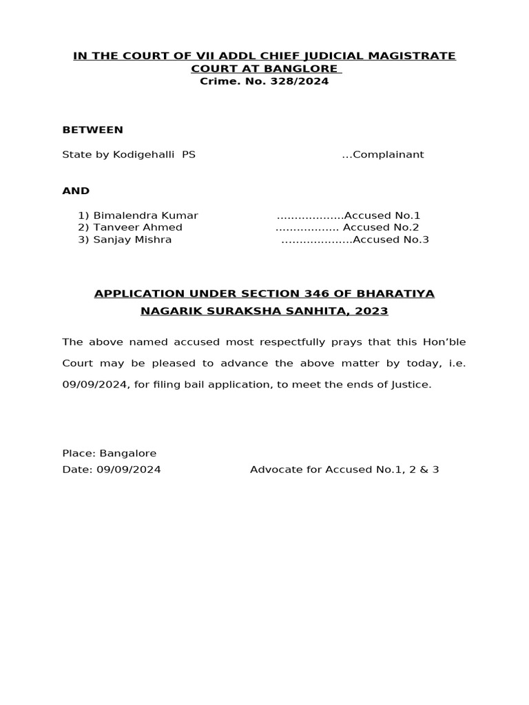 Advance Application Under BNSS Section 346 | PDF