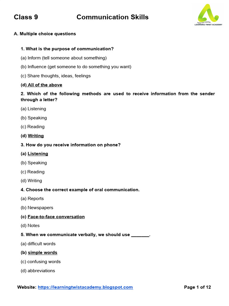 Class 9 Communication Skills Exercises | PDF | Communication | English ...