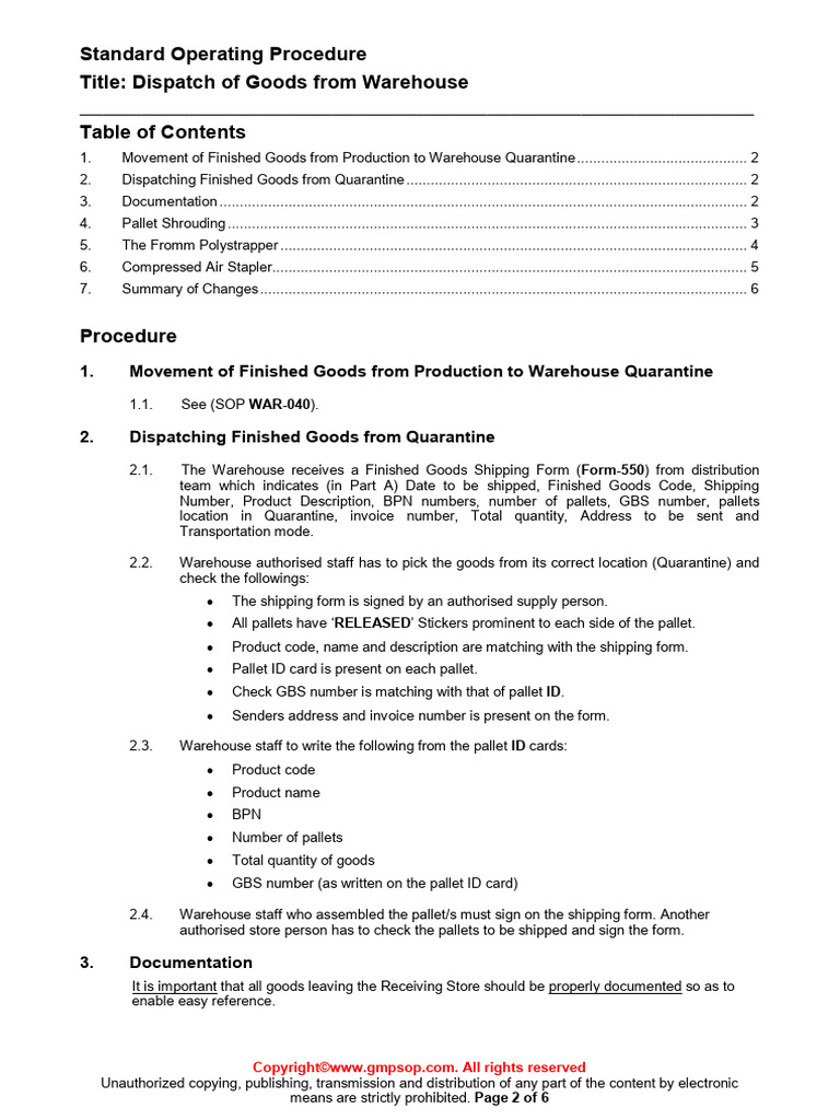 WAR 020 Dispatch of Goods From Warehouse Sample | PDF | Warehouse | Pallet
