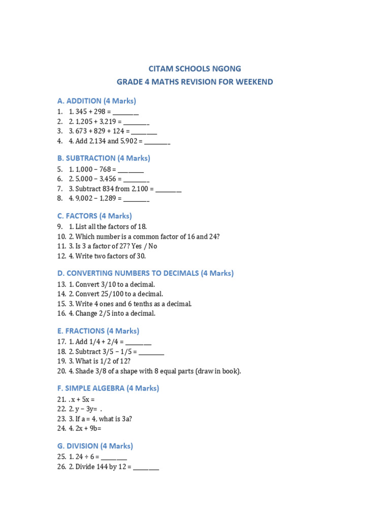 Grade 4 Maths Revision Citam | PDF