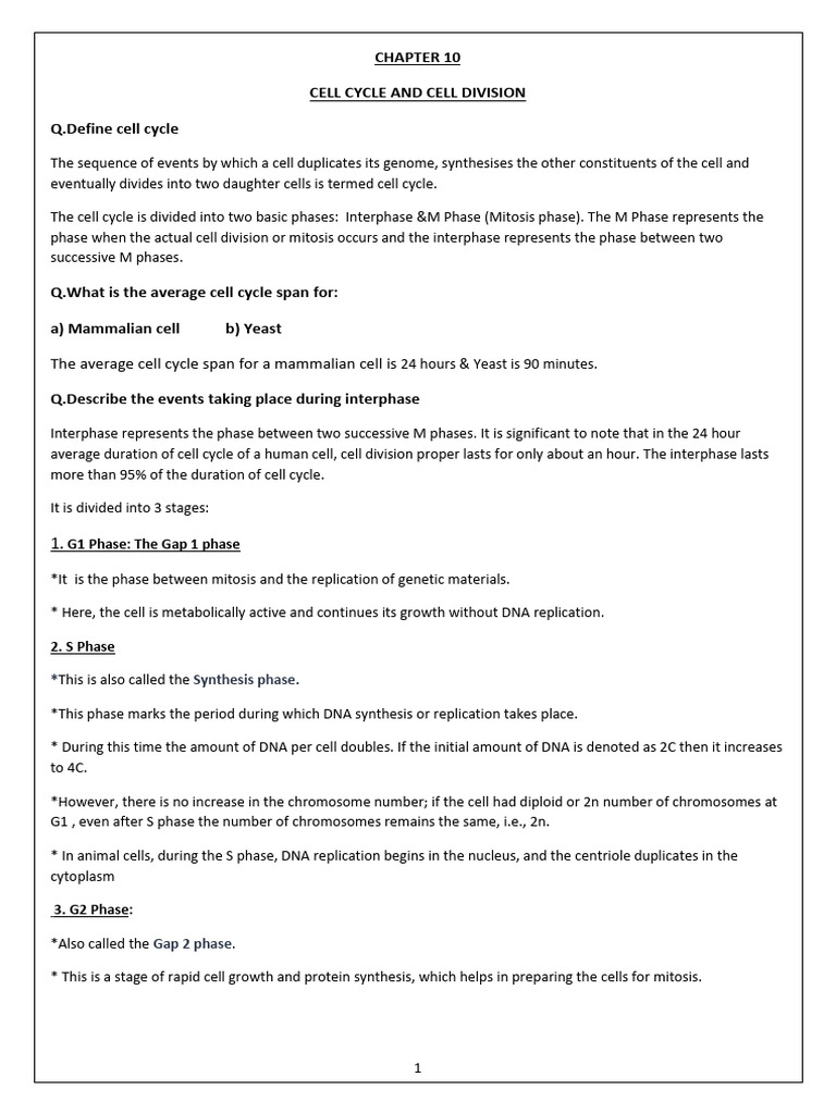 Xi Ch.10.Cell Cycle and Cell Division - Notes | PDF | Meiosis | Mitosis