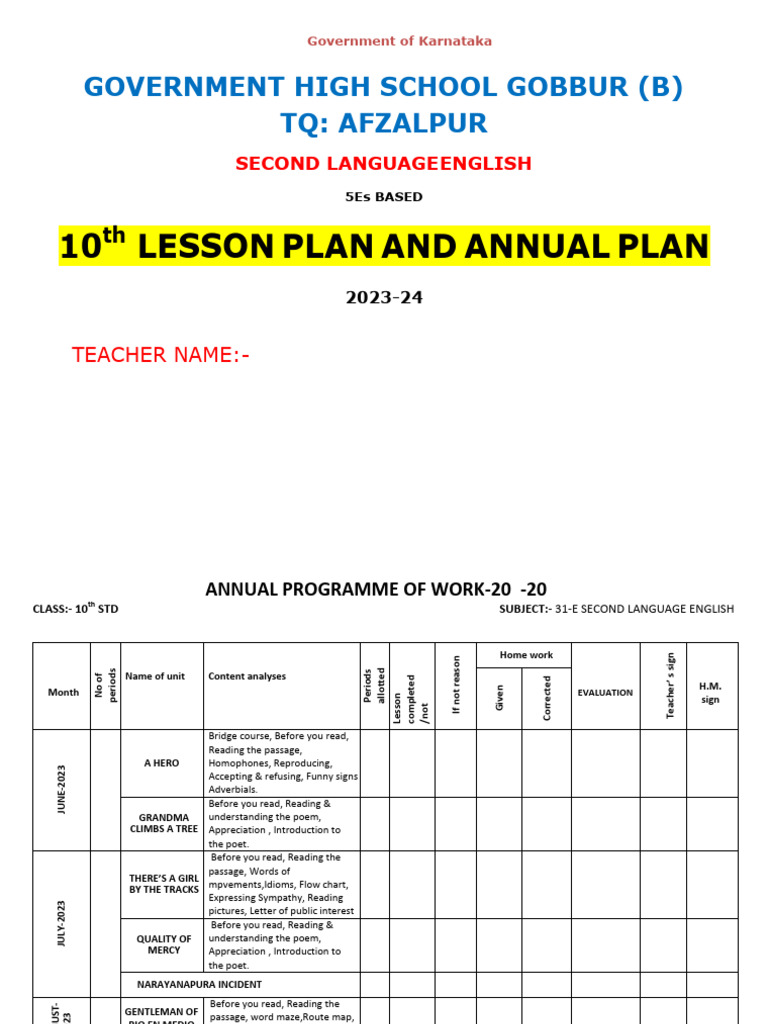 10th Lesson Plan 2023-24 | PDF | Reading Comprehension | Poetry
