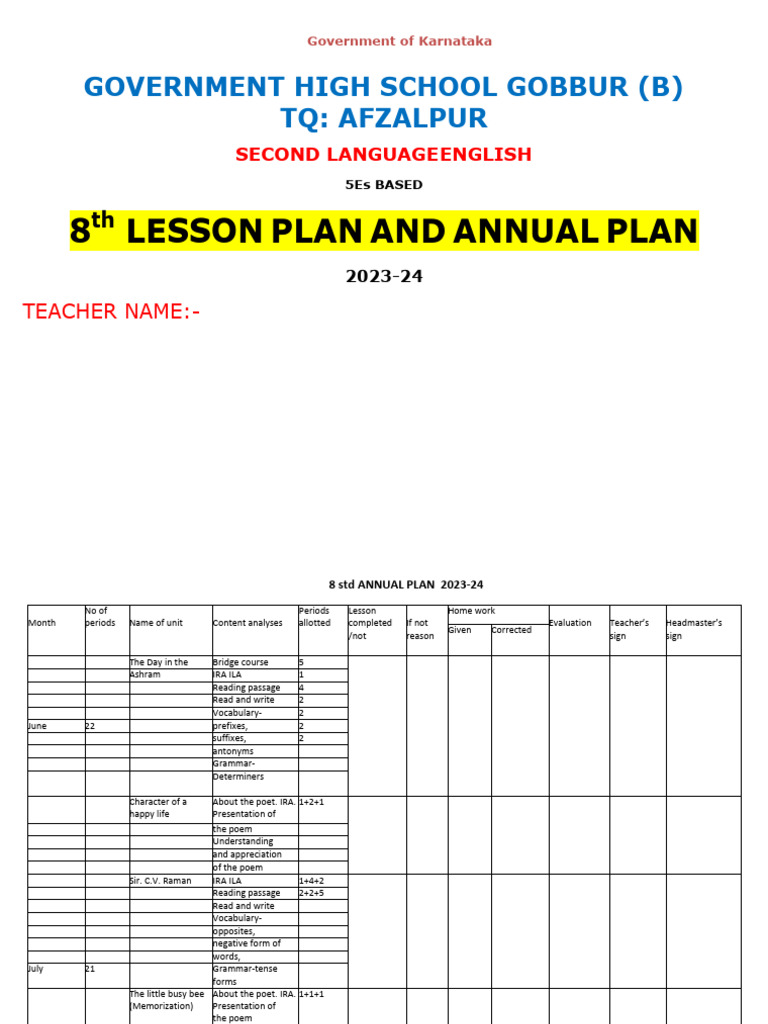 8th Grade English Lesson Plan 2023-24 | PDF | Reading Comprehension ...