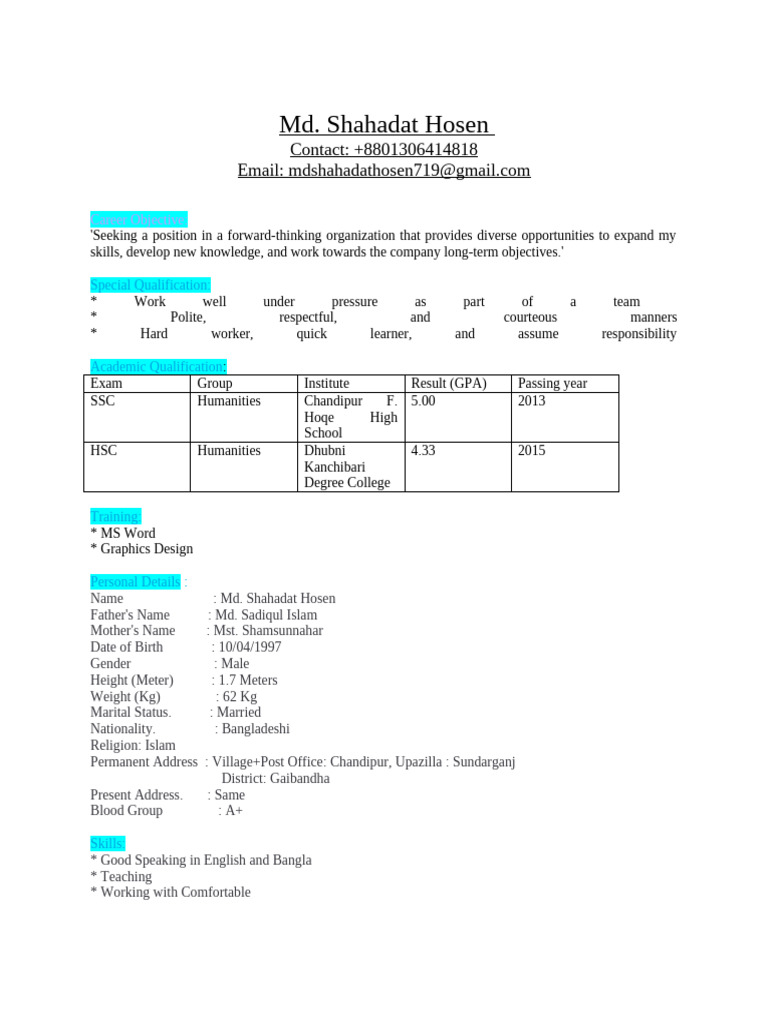 MD Shahadat Hosen CV | PDF
