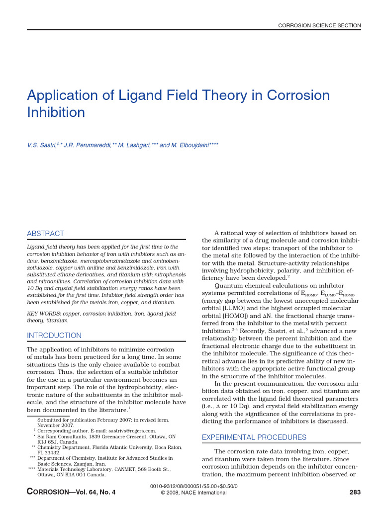 Ligand Field Theory in Corrosion Inhibition | PDF | Coordination ...