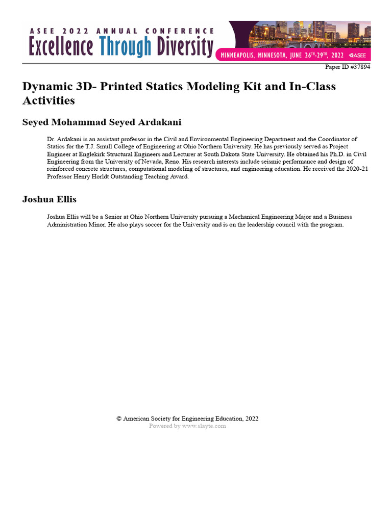 Dynamic 3d Printed Statics Modeling Kit and in Class Activities | PDF