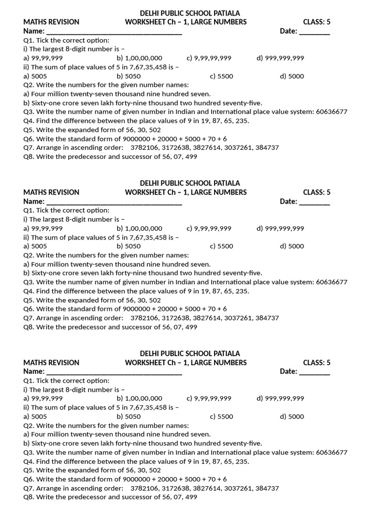 Class 5 Large Numbers Worksheet | PDF