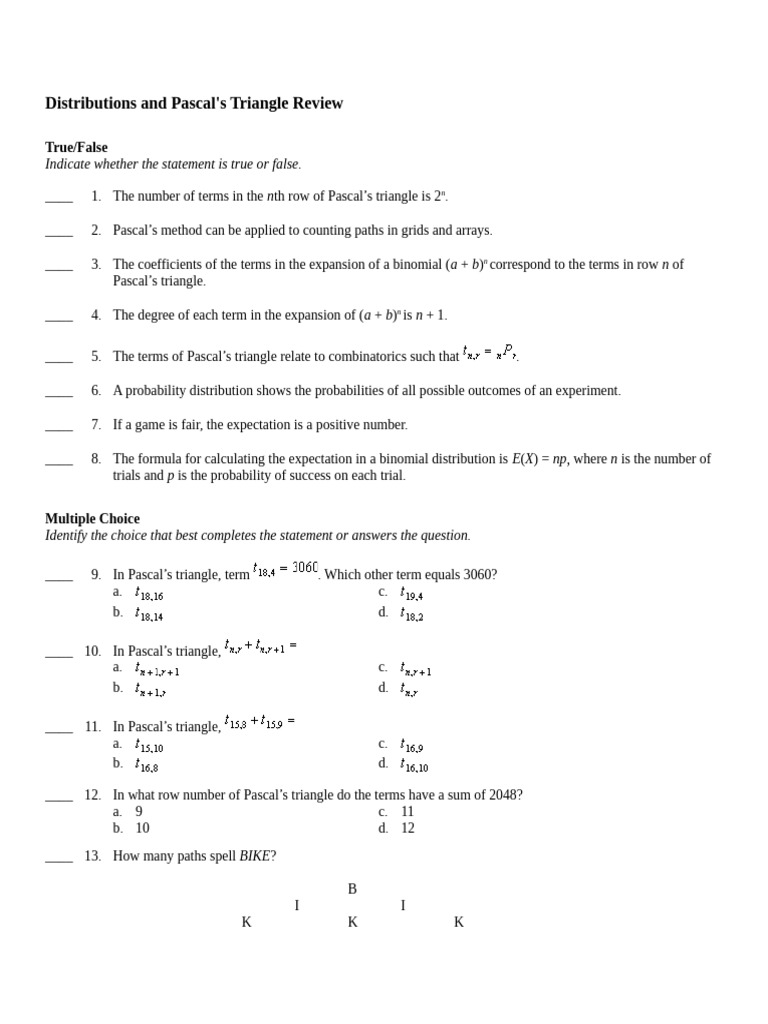 Pascal's Triangle and Probability Review | PDF | Discrete Mathematics ...