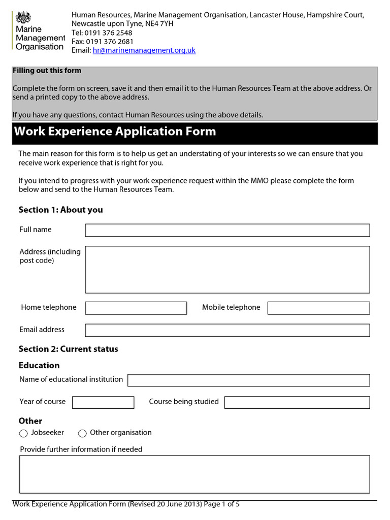 Work Experience Application Form | PDF | Disability | Mental Disorder