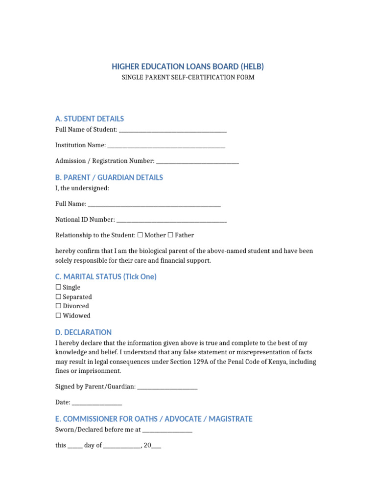 HELB Single Parent Self-Certification Form | PDF