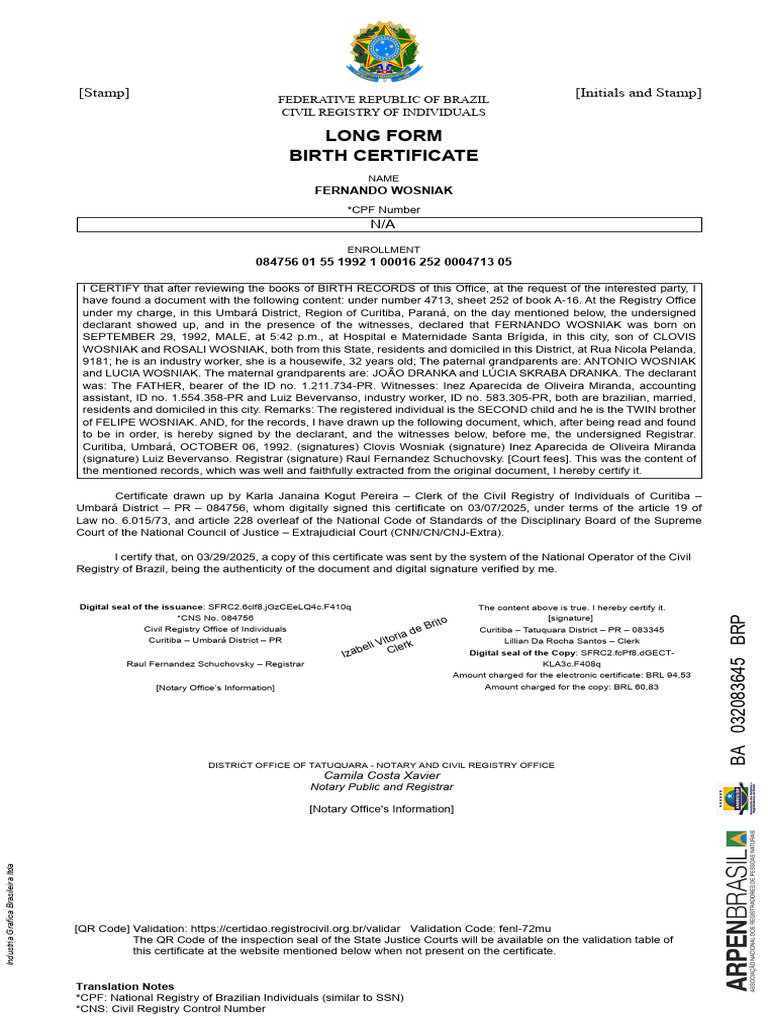 9.01 Certidão de Nascimento de Inteiro Teor - English | PDF | Notary ...