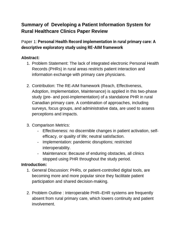Milon Summary of Developing A Patient Information System For Rural ...