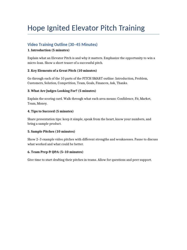 Hope Ignited Pitch Training and Examples | PDF