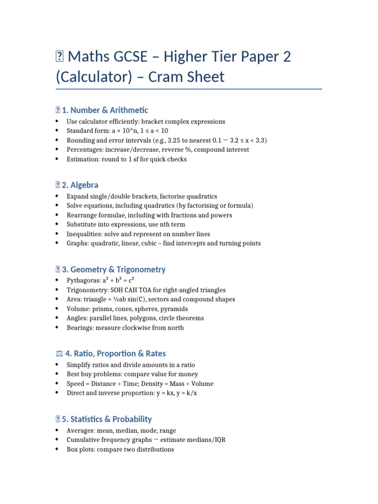 Maths Higher Paper2 Cram Sheet | PDF