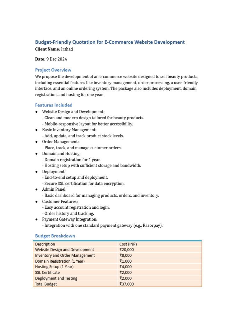 E-Commerce Website Development Quotation | PDF